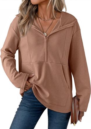 Dokotoo Kapuzenpullover Damen Hoodie Oversize Langarm Rei&szlig;verschluss Half Zip Pullover Sweatshirts mit Taschen Oberteil Warm Weich Fleece Herbst Winter L&auml;ssig