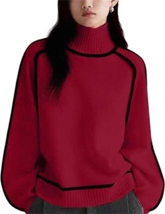 Generic Pull &agrave; col roul&eacute; surdimensionn&eacute; confortable en tricot avec bordure contrast&eacute;e pour lhiver, pull basique tendance pour lautomne, Rouge, 3XL