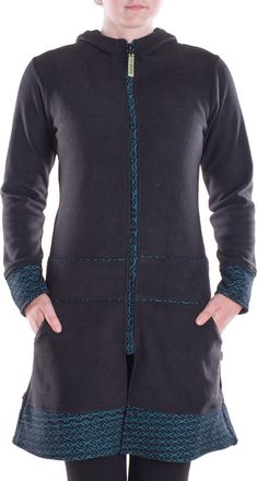 vishes Alternative Bekleidung - lange Kapuzenjacke Damen Fleece Hippiemantel &Uuml;bergangsjacke schwarz-t&uuml;rkis 40