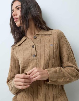 GANT cardigan en maille torsad&eacute;e style rugby en kaki chaud-Marron