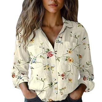 Generico Chemise Femme d&Eacute;t&eacute; D&eacute;contract&eacute; &agrave; Manches Longues Chemises Coton Et Lin &Eacute;l&eacute;gant Respirant Blouse Col en V L&eacute;ger T Shirt Vintage Imprim&eacute; avec Boutons Mo