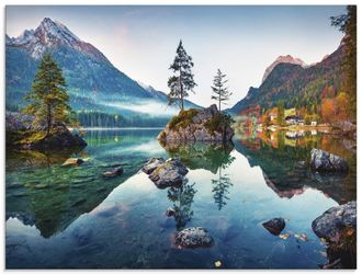 Artland ARTland Wanddeko Glasbilder Wandbild Glas Bild einteilig 80x60 cm Querformat Landschaft Alpen Berge See Wald Natur Gebirge Herbst U1TM