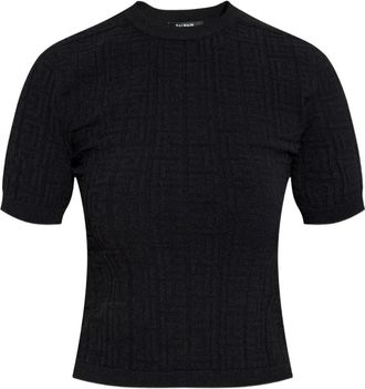 Balmain Femme, Pulls, Noir, Taille: 42 FR Textured Knit Short Sleeve Top