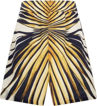 Roberto Cavalli Homme, Shorts, Multicolore, Taille: S Ray Of Gold Print Linen Bermuda