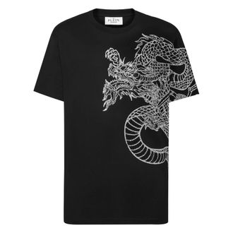 Philipp Plein Homme, Tops, Noir, Taille: 4XL T-shirt Col Rond SS Dragon Strass