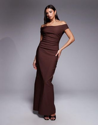 Vesper Robe longue fronc&eacute;e &agrave; &eacute;paules d&eacute;nud&eacute;es - Chocolat-Brown