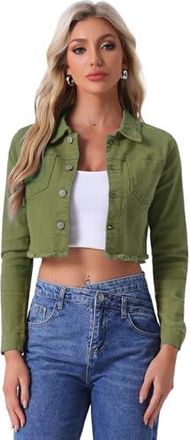 Allegra K Femmes Jean Veste Effiloch&eacute; Boutonn&eacute;e Washed Tondu Denim Veste Vert L