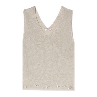 Oltre Lurex Stricktop mit Schmuckstickerei - - Knitwear - Damen - Beige - S