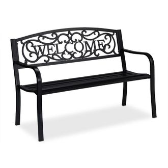 Relaxdays Gartenbank Welcome, Zweisitzer, stabil, rustikales Design, Metall Sitzbank, HxBxT: 87 x 127 x 61 cm, schwarz - Relaxdays