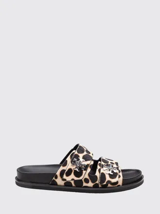 Tory Burch Sandales plates en poulain &agrave; imprim&eacute; animalier et logo Double T