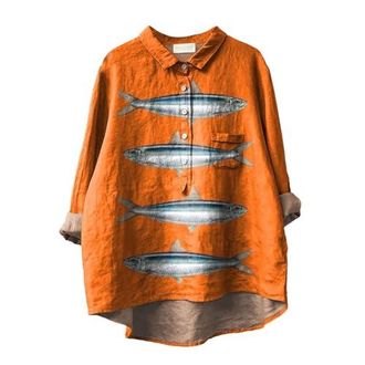 Generic Chemise boutonn&eacute;e en coton et lin pour femme, t-shirt carr&eacute; ample et fluide en lin pour femme, imprim&eacute; poisson vintage, col &agrave; revers, chemisiers &agrave; man