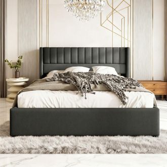 Generic Praktisches Stauraumbett mit Hydraulik-Funktion - 180x200 cm Doppelbett in Grau Leinen - Mit Holzlattenrost & Metallrahmen