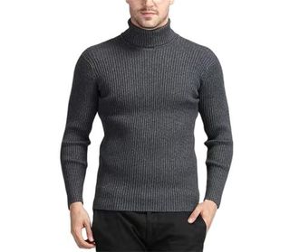 Generic Pull côtelé à manches longues et col roulé pour homme, pull côtelé léger à manches longues, gris, XXL