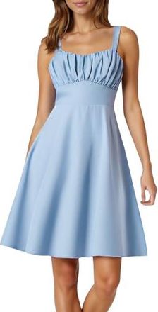 Generic Robes amincissantes sans manches pour femmes, robe d&eacute;t&eacute; pliss&eacute;e &agrave; motif floral uni, robe midi trap&egrave;ze fluide, bleu, XXL