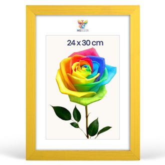 MG Design Bilderrahmen 24 x 30 cm - Fotorahmen mit Gelb Holzrahmen (Echtholz) und bruchsicherem Acrylglas, Hoch & Quer zum Aufh&auml;ngen, zum Aufstellen