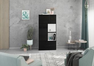 BMG Möbel Highboard Schrankset 5 teilig Modul+ individuell montierbar in weiß oder anthrazit Fronten wählbar in 4 (Weiß - Schwarz Hochglanz, Ohne Füße)