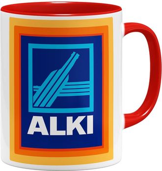 OM3 Alki Parodie Tasse für Alkohol Liebhaber Saufparty - Keramik Becher - 11oz 325ml - Beidseitig Bedruckt - Rot