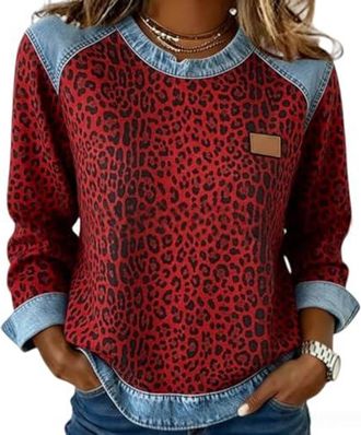 Generic Sweats en denim patchwork pour femme, col en denim, patchwork cousu, pull de No&euml;l d&eacute;contract&eacute;, Rouge, XXL