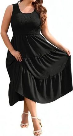Heekpek Robe Grande Taille Femme sans Manche Robe Ete Femme Mi Longue Fluide Chic et Elegant Col U A-Line L&eacute;g&egrave;re Robes &agrave; Poches, Noir, 3XL
