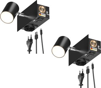 LEDs Com 2 St&uuml;ck Wandleuchte WAIKA, 1-flammig, Schalter, schwarz, 1 Steckdose, USB-C, USB-A, 1x GU10 max. 15W