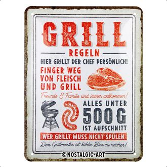 Nostalgic Art Retro Blechschild, 15 x 20 cm, Grillregeln - Geschenk-Idee f&uuml;r Grill-Fans, aus Metall, Vintage Design mit Spruch, Blechschilder Spr&uuml;che