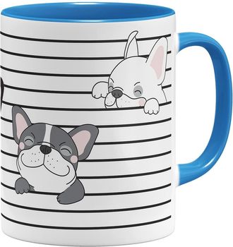 OM3 süße Kaffeetasse mit French Bulldog Kaffee-Tasse mit Hundemotiv Hund Französische Bulldogge | Keramik Becher | 11oz 325ml | Rundumdruck | Hellblau