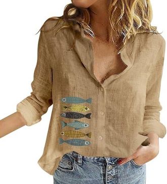 Generic T-shirt ample &agrave; manches longues et revers pour femme, marron, 3XL