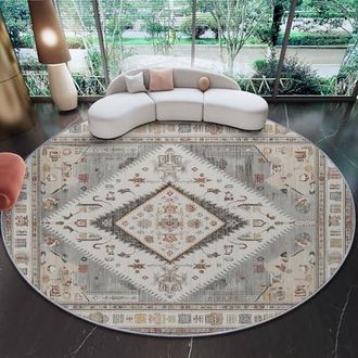 Generic Tapis Rond de Salon Luxe Motifs géométriques de Style Ethnique pour Salle à Manger Bureau Lavable en Machine et Poil Court 150 cm (Round) Tapis Chambr