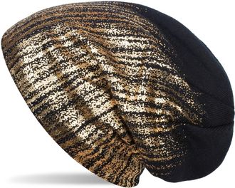 styleBREAKER warme Feinstrick Beanie M&uuml;tze mit Metallic Print und Fleece Innenfutter, Slouch Longbeanie, Unisex 04024132, Farbe:Dunkelblau/Gold