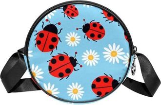 Generic Sac &agrave; bandouli&egrave;re rond pour femme, motif coccinelles, fleurs, petit sac &agrave; bandouli&egrave;re avec fermeture &eacute;clair, bretelles r&eacute;glables, sac &agrave; main rond d&eacute;co