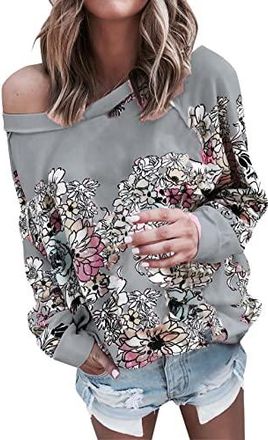 Generic Robes boh&egrave;me 2026 pour femmes, imprim&eacute; floral, chemise &agrave; manches longues, &eacute;paules d&eacute;nud&eacute;es, hauts amples, gris, L