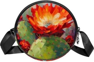 Generic Sac &agrave; bandouli&egrave;re rond pour femme, motif cactus rouge, petit sac &agrave; bandouli&egrave;re avec fermeture &eacute;clair, bretelles r&eacute;glables, sac &agrave; main rond d&eacute;contract&eacute;