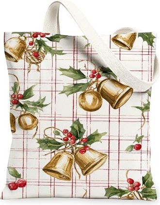 Generic Sacs fourre-tout vintage en toile, motif cloche festif et houx, sacs d&eacute;picerie r&eacute;utilisables, l&eacute;gers et lavables avec bandouli&egrave;re pour le shopping, le