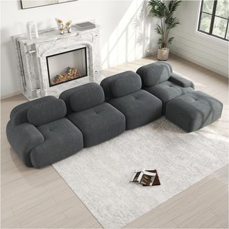 Generic L-f&ouml;rmiges modulares Cordsofa, modulares Ecksofa, Dreisitzer-Sofa, rahmenloses Sofa, ergonomisch, hochelastisch 32D gepolstert, for Wohnzimmer(Gris,4S