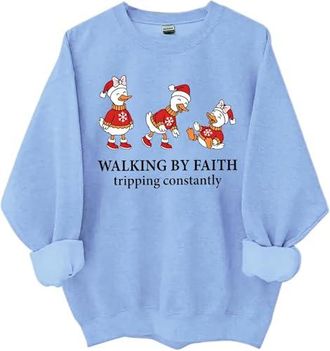 Generic Walking By Faith Tripping Constantly Sweat-shirt de Noël Walking By Faith Chemises pour femme, pull inspirant, bleu ciel, M