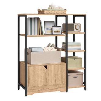 Woltu B&uuml;cherregal, Standregal, B&uuml;cherschrank mit T&uuml;ren, f&uuml;r Wohnzimmer Schlafzimmer K&uuml;che, Industrial, Metallrahmen, 80x97x35 cm, schwarz+helle Eiche, RGB08