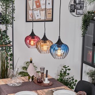 HOFSTEIN H&auml;ngeleuchte Ballebro, 3-flammige H&auml;ngelampe aus Metall/Glas in Schwarz/Rot/Blau/Bernstein/Klar, Vintage-Design (&Oslash; 18 cm), E27, Pendelleuchte verstell