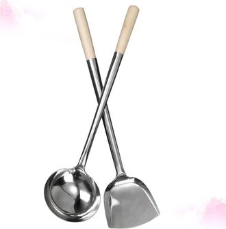 BESTONZON Edelstahl Kochlöffel 2 Stück Mit Holzgriff Wok Spatel Schöpfkelle Küchenutensil Für Zuhause Spülmaschinenfest Bequem Zu Verstauen