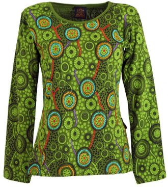 Guru Shop Besticktes Langarmshirt Hippie Chic Retro - Grün, Damen, Baumwolle, Size:L