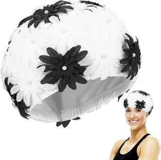 FAVOMOTO Badekappen für Schwimmer für Damen Handbuch Strass Floral Blütenblatt Retro Stil Schwimmen Gap Badekappen für Badekappe Erwachsene Elegante