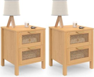 IDMarket Satz von 2 Nachttischen EDHEN 2 Schubladen Schilf und Holz