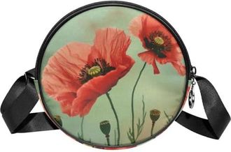 Generic Petit sac &agrave; bandouli&egrave;re rond pour femme, motif coquelicot floral, avec fermeture &eacute;clair, bretelles r&eacute;glables, sac &agrave; main rond d&eacute;contract&eacute; pour femmes 