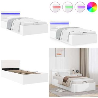 vidaXL Bett mit Bettkasten Hydraulisch LED Wei&szlig; Kunstleder 100x200 cm - Hydraulisches Bettgestell - Stauraumbett - Lederbett - Singlebett - Wei&szlig;es Bett