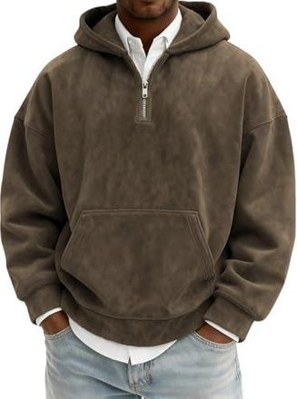 Generic Sweat à capuche rétro en daim synthétique avec fermeture éclair quart pour homme, manches longues, coupe ample, avec poche, pull dhiver décontracté po