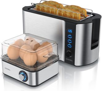 Arendo Arendo - 2-teiliges Fr&uuml;hst&uuml;cksset - 4-Scheiben Langschlitz Toaster, 8er Eierkocher, Silber