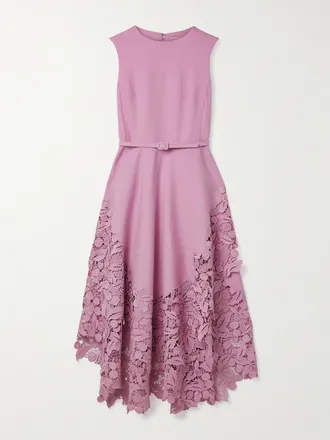 Oscar De La Renta Robe Midi En Cr&ecirc;pe De Laine M&eacute;lang&eacute;e &Agrave; Finitions En Dentelle Guipure Et &Agrave; Ceinture - Rose