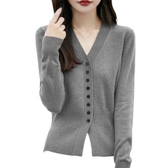 Generic Cardigan dhiver tendance en tricot &agrave; col en V pour femme Couleur unie, gris, Taille XL
