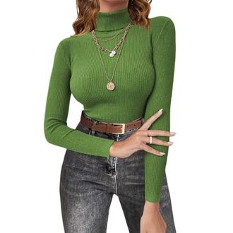 Generic Pull &agrave; col roul&eacute; pour femme, pull dhiver ajust&eacute; &agrave; manches longues en tricot c&ocirc;tel&eacute; confortable, Vert, XL