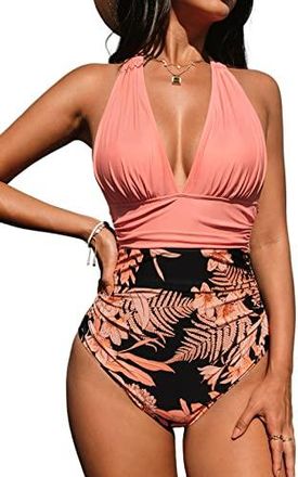 Cupshe Maillot De Bain Une Pièce pour Femme Col V Licou Dos Nu Froncé Amincissant Contrôle Ventre Vintage Swimsuit Rose Corail XL