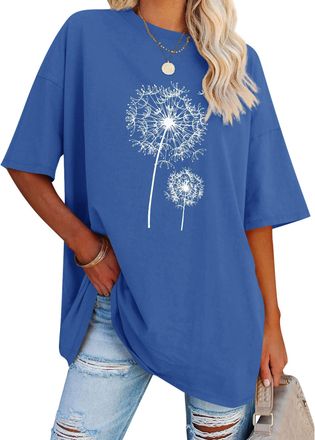 Dresswel Tshirt Damen Oversize Pusteblume Druck T-Shirt Kurzarm Rundhals L&auml;ssiges L&ouml;wenzahn Blumen Tee Shirts Sommer Oberteile Lose Lang Tops Bluse f&uuml;r Teenage